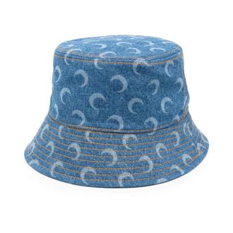 Marine Serre Femme, Accessoires, Bleu, Taille: ONE Size Denim Bucket Hat with Crescent Moon Print