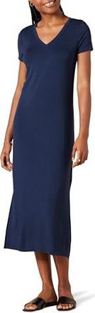 Amazon Essentials Robe mi-Longue en Jersey à Manches Courtes et col en V Femme, Bleu Marine, XL