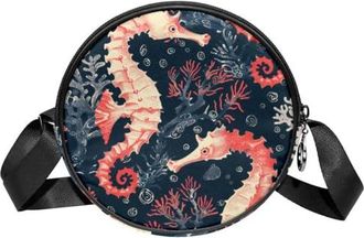 Generic Petit sac &agrave; bandouli&egrave;re rond pour femme, motif hippocampe, sac &agrave; dos &agrave; bandouli&egrave;re r&eacute;glable avec fermeture &eacute;clair, sac &agrave; main rond d&eacute;contract&eacute; pour fe