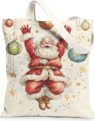 Generic Sacs fourre-tout en toile Joyful Santa - Motif Merry Holiday - R&eacute;utilisables - Amusants, festifs, l&eacute;gers et lavables, Blanc, 13x15 Inch