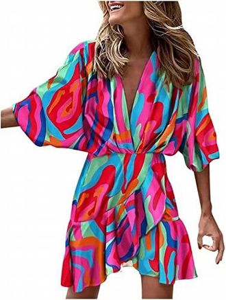 Generic 2026 Robes amincissantes pour femmes Floral irr&eacute;gulier ourlet robe &eacute;l&eacute;gante mince manches chauve-souris fleur en mousseline, Rouge, XXL