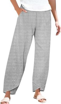 Generic Pantalon Femme Large Fluide Blanc en Lin &Eacute;t&eacute; Pantalon en Lin Ray&eacute; pour Femme D&Eacute;t&eacute; D&eacute;contract&eacute; &Agrave; Jambes Larges avec Poches Court et Confortable Grande 