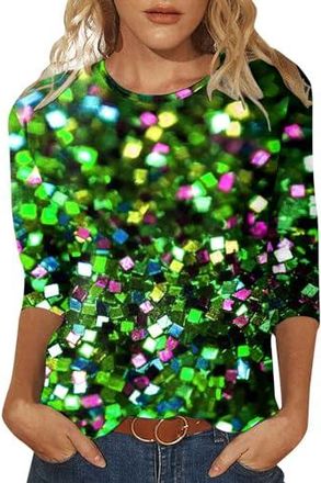 Generic Joli t-shirt &agrave; paillettes &agrave; manches 3/4 pour femme 2025 col rond gym &eacute;t&eacute; coupe ample t-shirt d&eacute;contract&eacute; &agrave; strass tendance t-shirts basiques pour sort