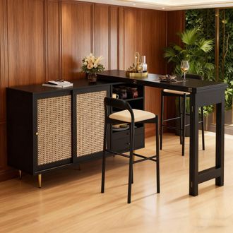 Generic Drehbarer multifunktionaler hoher Tisch - Drehspiegel und h&ouml;henverstellbar Aufbewahrung mit Rattant&uuml;r, ideal f&uuml;r K&uuml;che oder Esszimmer (Schwarz)