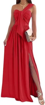 ORANDESIGNE Robe De Soiree Femme Chic Et Glamour Longue Elegant Ceremonie Mariage Robe Cocktail Une Seule Manche Épaules Dénudées Maxi Dress D Rouge XL