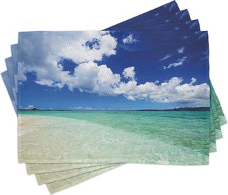 Abakuhaus Ozean Platzmatten, Insel Sealife Wellenförmige Sunny, Waschbare Stoff Esszimmer Küche Tischdekorations Digitaldruck, Blau Creme