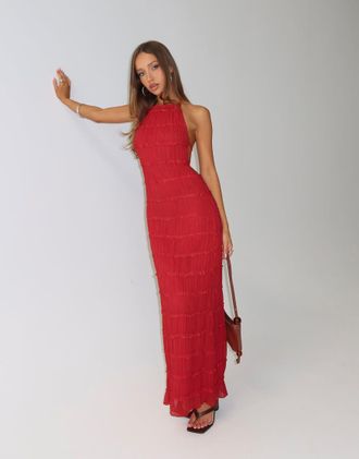 Princess Polly Klarissa - Hochgeschlossenes Maxikleid in Rot mit R&uuml;ckenausschnitt und gesmoktem Detail