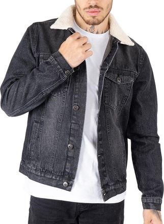 Noroze Herren Jeansjacke mit Abnehmbar Sherpa-Kragen Klassisch Pelz Denim Jacke Jean Trucker Mantel (XXL, Schwarz)