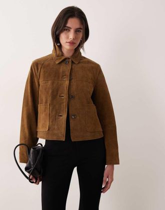 Mango Kurze Jacke aus 100% Wildleder in Braun-Brown