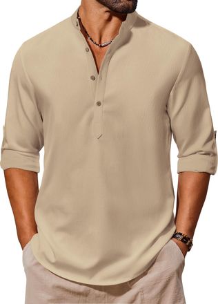 Coofandy Henley Shirt Herren Langarm Leicht Sommerhemd Freizeithemd Strandhemd Henley Hemd Regular Fit Urlaubshemd Casual Beach Hemd Khaki S