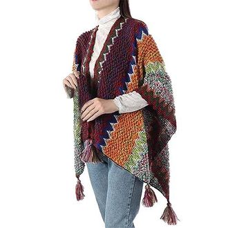 Generic Poncho pour femme imprim&eacute; Nationl color&eacute; avec pompons ch&acirc;le tricot&eacute; &eacute;charpe pashminas &agrave; franges pull cape cadeaux pour femmes pull ourlet pompon ch&acirc;le
