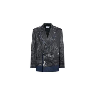 Moschino Homme, Vestes, Gris, Taille: XL Veste en serg&eacute; de coton double boutonnage imprim&eacute;e