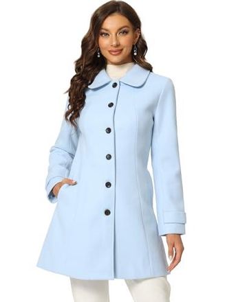 Allegra K Femmes Manteau Long Hiver Col Claudine Bleu clair solide M