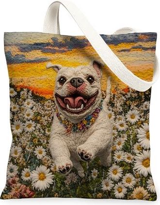 Generic Sac fourre-tout en toile motif caniche printanier 33 x 38,1 cm, style tricot&eacute;, sac d&eacute;picerie r&eacute;utilisable pour femme, animal domestique, plage, esth&eacute;t