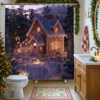 Generic Lebkuchenhaus-Duschvorhang, weihnachtliche Zuckerstangen, Schnee, Weihnachten, wasserdicht, Stoff, Toilettenstoff, Duschvorh&auml;nge, Dekoration f&uuml;r Toile