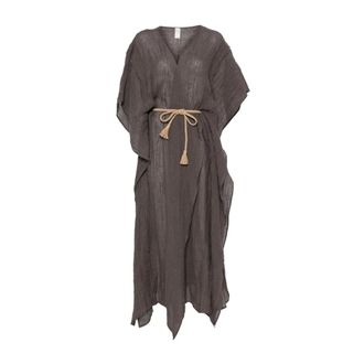 120% Lino Robe Caftan Oversize Col V - Femme - Robes - Brun - Taille: ONE Size