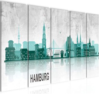 Runa Art Wandbild XXL Hamburg Wohnzimmer Schlafzimmer 200 x 80 cm Türkis Grau 5 Teilig - Made in Germany - 035955b