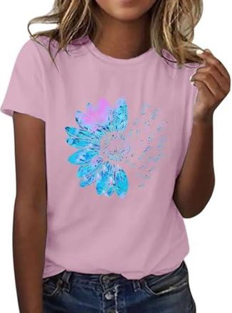 Generic T-shirt d&eacute;contract&eacute; &agrave; manches courtes et col rond pour femme - Motif floral et papillon - Doux et l&eacute;ger - Pour un usage quotidien, les vacances, l&eacute;t&eacute;,