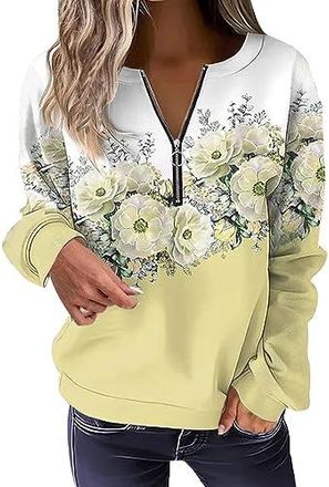 Generic T-shirt &agrave; manches chauve-souris, sport, basique, fermeture &eacute;clair quart de denim, bleu, blanc, jaune, motif floral, rue, col en V, haut &agrave; manches long