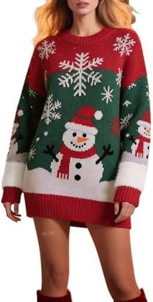 Minetom Robe Pull De Noel Femme Col Rond Ample en Maille Long Pullover Tricot &Agrave; Manche Longue Dress De Soir&eacute;e B Rouge M