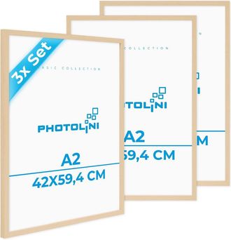 Photolini Bilderrahmen A2 Holz MDF Natur, 3er Set Picture Frame Rahmen 42x59,4 mit bruchsicherem Acrylglas, DIN A2 Bilderrahmen 42x60 zum Aufhängen, mit Zubehör