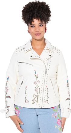Miamoda Damen gro&szlig;e Gr&ouml;&szlig;en &Uuml;bergr&ouml;&szlig;en Plus Size Bikerjacke, Lederoptik, Stickerei, Ziernieten Offwhite 52 839180200-52