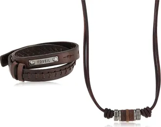 Fossil Herren Halskette aus Edelstahl und Leder 0.6 x 41.1 x 2.2 & Herrenarmband Doppelwickel in braun, JF87354040