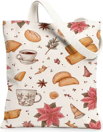 Generic Sac fourre-tout en toile &agrave; motif floral de No&euml;l, sac d&eacute;picerie r&eacute;utilisable, l&eacute;ger et lavable, bandouli&egrave;re Ca, blanc, 13x15 Inch