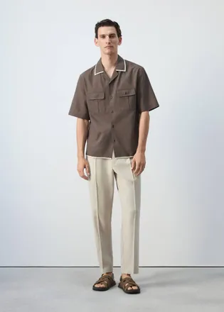 Mango Chemise coton lin col bowling chocolat - Homme - XXL - MANGO MAN