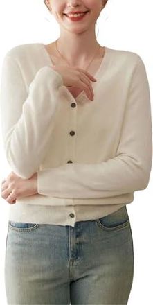 Generic Pull en cachemire doux &agrave; col en V pour femme - Cardigan en tricot - 100 % cachemire, Blanc laiteux., Taille S