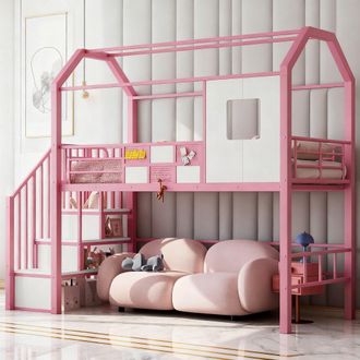 Generic Etagenbett mit Dachkonstruktion in pink - bequemes Spielbett mit praktischer Ablagetreppe - 90x200 cm