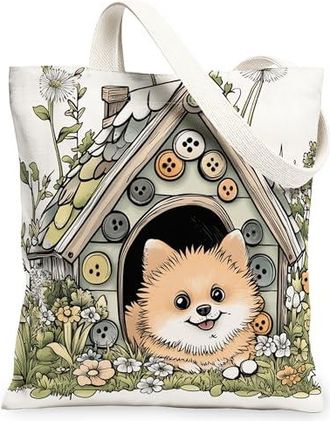 Generic Sac fourre-tout en toile motif chien de Pom&eacute;ranie printanier pour faire du shopping, 33 x 38,1 cm, niche amusante pour chiot, sac d&eacute;picerie r&eacute;utilisab