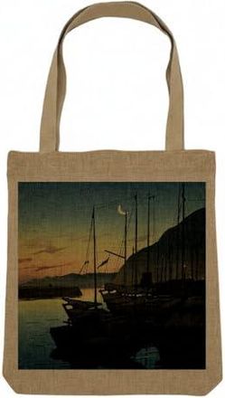 Fabulous Sac Shopping Tote Bag Aspect Lin - Coucher de Soleil Port Estampe Japonaise Peinture Traditionel - Sac de Courses Toile Epaisse 360g Beige Naturel Cab