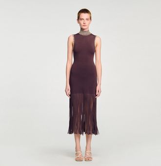 Sandro Robe longue en maille frangée