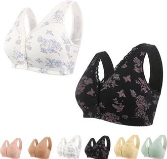Generic Rivastyle Soutien-gorge à fermeture avant pour personnes âgées sans armatures Coupe florale Col en V Dentelle Coton Sans Fil Confortable Grande Taille