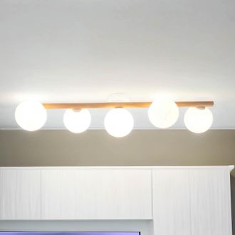 Licht-Erlebnisse Deckenleuchte Holz Metall Schwarz Kiefer Weiß Wohnzimmer Esszimmer Flur 83 cm lang G9 5-flammig Kugeln blendarme Deckenlampe Schlafzimmer OLARA