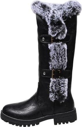 Generic Bottes dHiver Femme Cuir &Agrave; Bout Rond Talon Bas Bottes Mi-Mollet De Neige Fausse Fourrure Boucle R&eacute;tro &Eacute;l&eacute;gantes Semelle Antid&eacute;rapante Chic Chaussures 