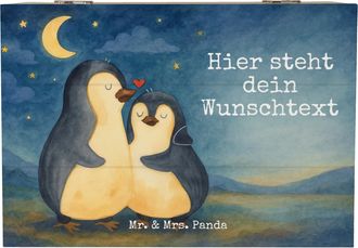 Mr. & Mrs. Panda Personalisierte Holzkiste Pinguine Einschlafen Design 22 x 15 cm - Geschenk, Geschenkbox Personalisiert, für Freundin, Valentinstag, Kiste, mit Namen,