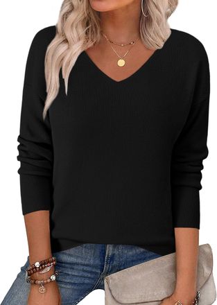 Zeagoo Pullover Damen Elegant Strickpullover Langarm V-Ausschnitt L&auml;ssiges Stricken Pulli Winter Sweatshirt Einfarbig Oberteile Schwarz M