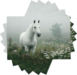 Generic Wildes Wei&szlig;es Pferd Platzset Abwischbar Tischset Abwaschbar 2Er Set Nebeliges Grasland Hitzebest&auml;ndig rutschfest Platzdeckchen F&uuml;r K&uuml;che, Zuhause, Res