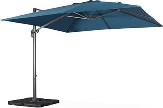 Sweeek Parasol d&eacute;port&eacute; carr&eacute; bleu canard 3x3m structure grise + Lot de 4 dalles &agrave; lester 50x50cm