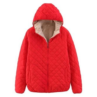 Generic Doudoune courte en polaire matelass&eacute;e &agrave; fermeture &eacute;clair pour femme Coupe ajust&eacute;e Hiver Chaud Rembourrage en losanges, Rouge, XXL