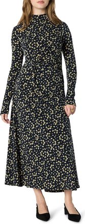 Amazon Essentials Damen (Demis Favorit) Kurzes Tailliertes Maxikleid Lange Ärmeln Ausgestelltes Rockteil, Marineblau Creme Blütenblätter, XL