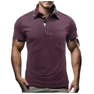 Generic Polo pour homme Patchwork europ&eacute;en Bouton Revers Hommes D&eacute;contract&eacute; Tendance Business Chemise &agrave; manches courtes ample et confortable, Bordeaux, XXL
