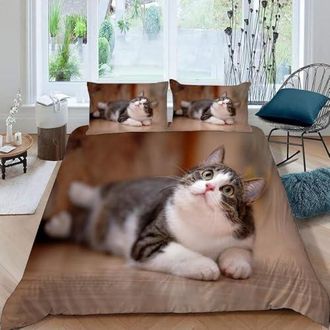 Generic Housse de Couette 240 x 260 Chat Parure de Lit 2 Personnes Animaux Mignons 3 Pièces Housse Couette en Microfibre Douce Imprimé 3D avec 2 Taies doreill