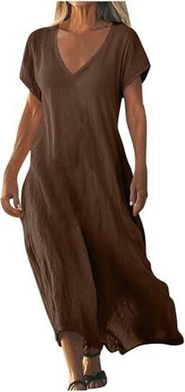 TOMWELL Robe Longue Femme Grande Taille Manches Courtes Robe de Plage Couleur Unie Col en V Ete Robes A Marron XXL