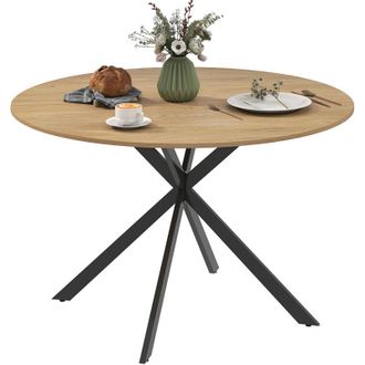 HOMCOM Homcom - Table de salle &agrave; manger ronde 120 cm - 4 places - Plateau bois naturel - Pieds crois&eacute;s acier noir - Surface r&eacute;sistante aux rayures