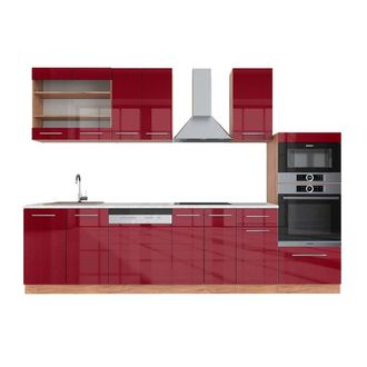 Vicco K&uuml;chenzeile Fame-Line, Bordeaux Hochglanz/Goldkraft Eiche, 300 cm mit Hochschrank, AP Marmor