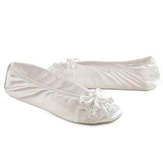 Isotoner Femme Soft Satin Ballerina Slippers with Embroidered Pearl Ballerines, Blanc, 37.5 EU