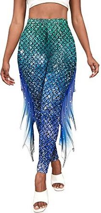 Feoya Legging Sirène Femme Échelle Brillante avec Palmes Pantalon Crayon Hanche Push Up pour Carnaval Halloween Fête A4 XL